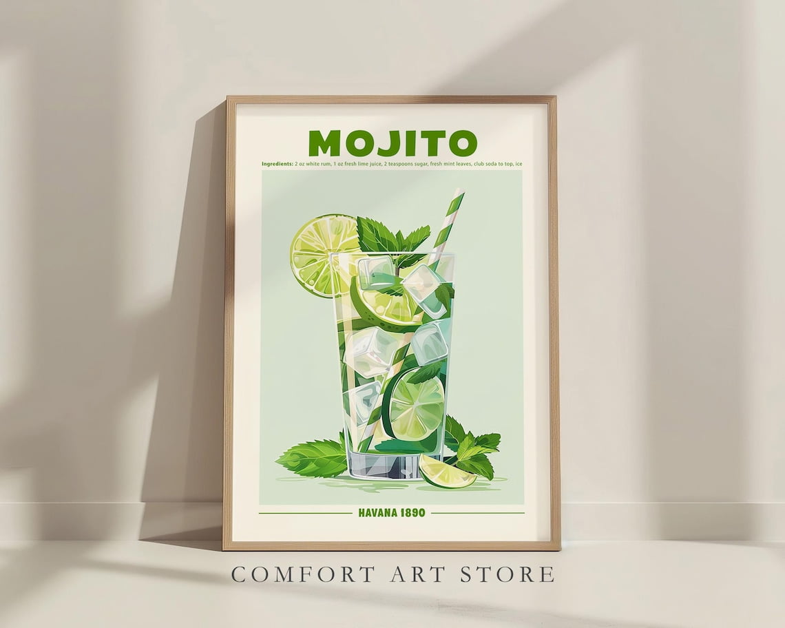 Mojito Cocktail Print Cocktail Poster Alcohol Cocktail Mojito Wall Art ...