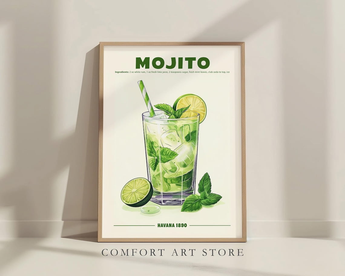 Mojito Cocktail Print Cocktail Poster Alcohol Cocktail Mojito Wall Art ...
