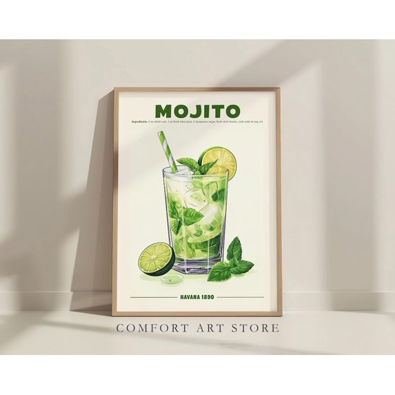 Mojito Cocktail Print Cocktail Poster Alcohol Cocktail Mojito Wall Art ...