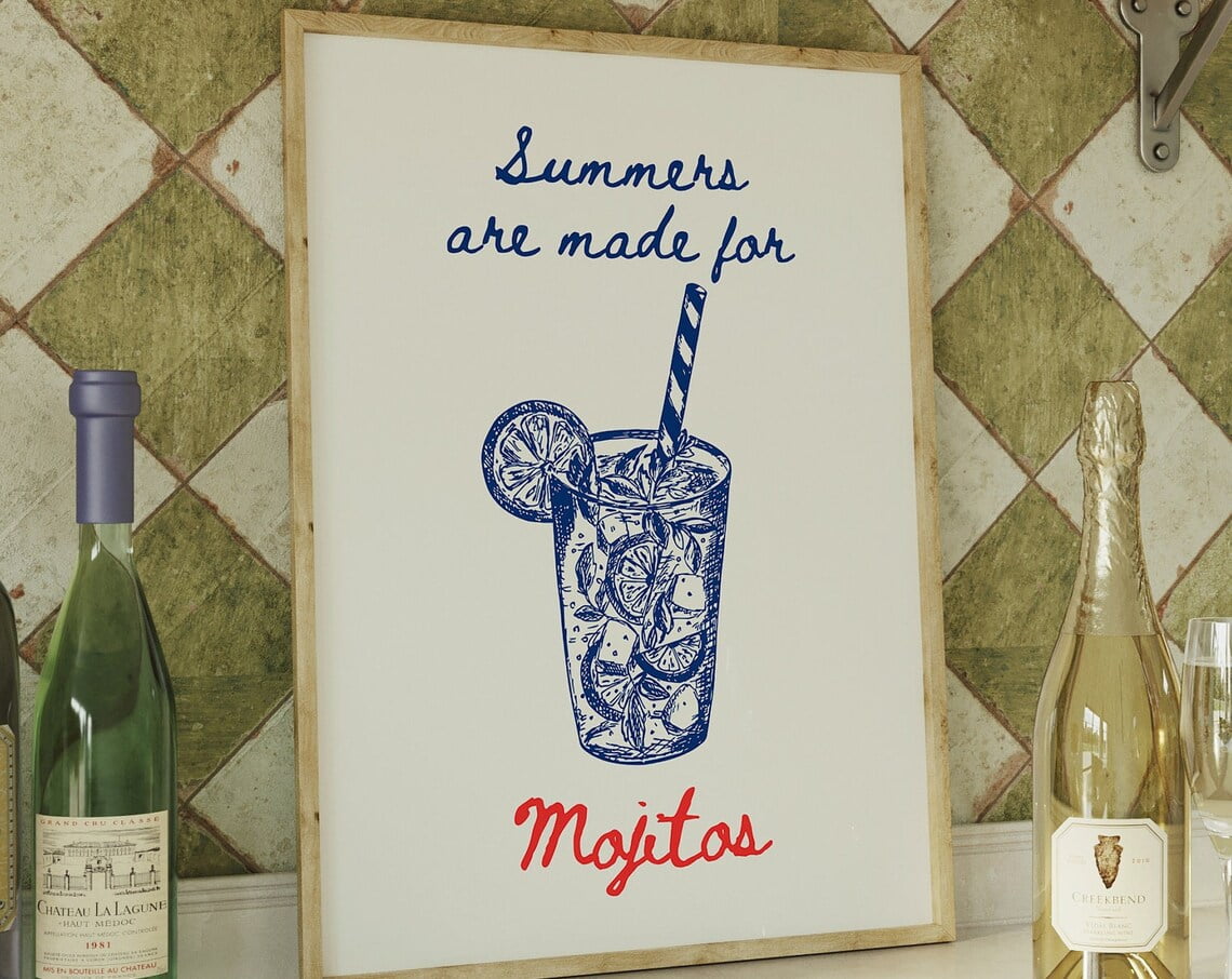 Mojito Print, Retro Cocktail Art, Hand Drawn Poster, Bar Cart Decor ...