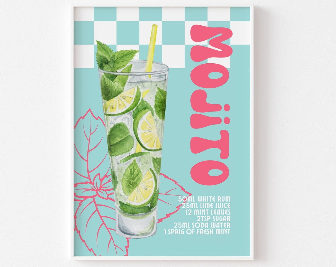 Mojito Retro Cocktail Print - Kitchen Poster, Rum Mint Lime Cocktail ...