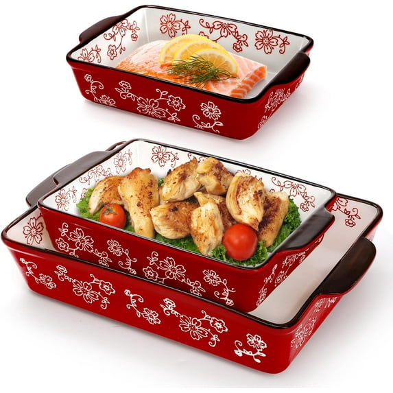 Mojitor Set of 3 Red Ceramic Baking Dishes, Rectangular Bakeware with Handles, Casserole Dishes ...