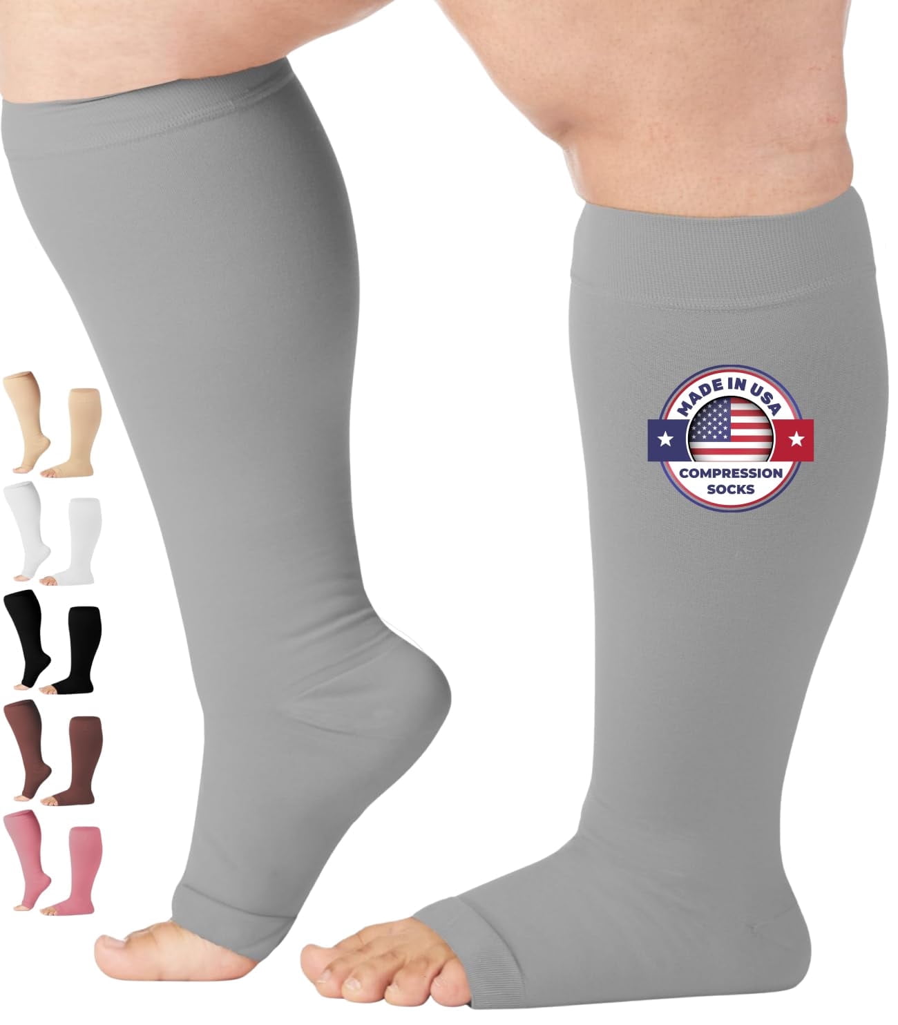 Wide Calf Men and Women Compression Socks for Swelling 20-30mmHg Grey ...