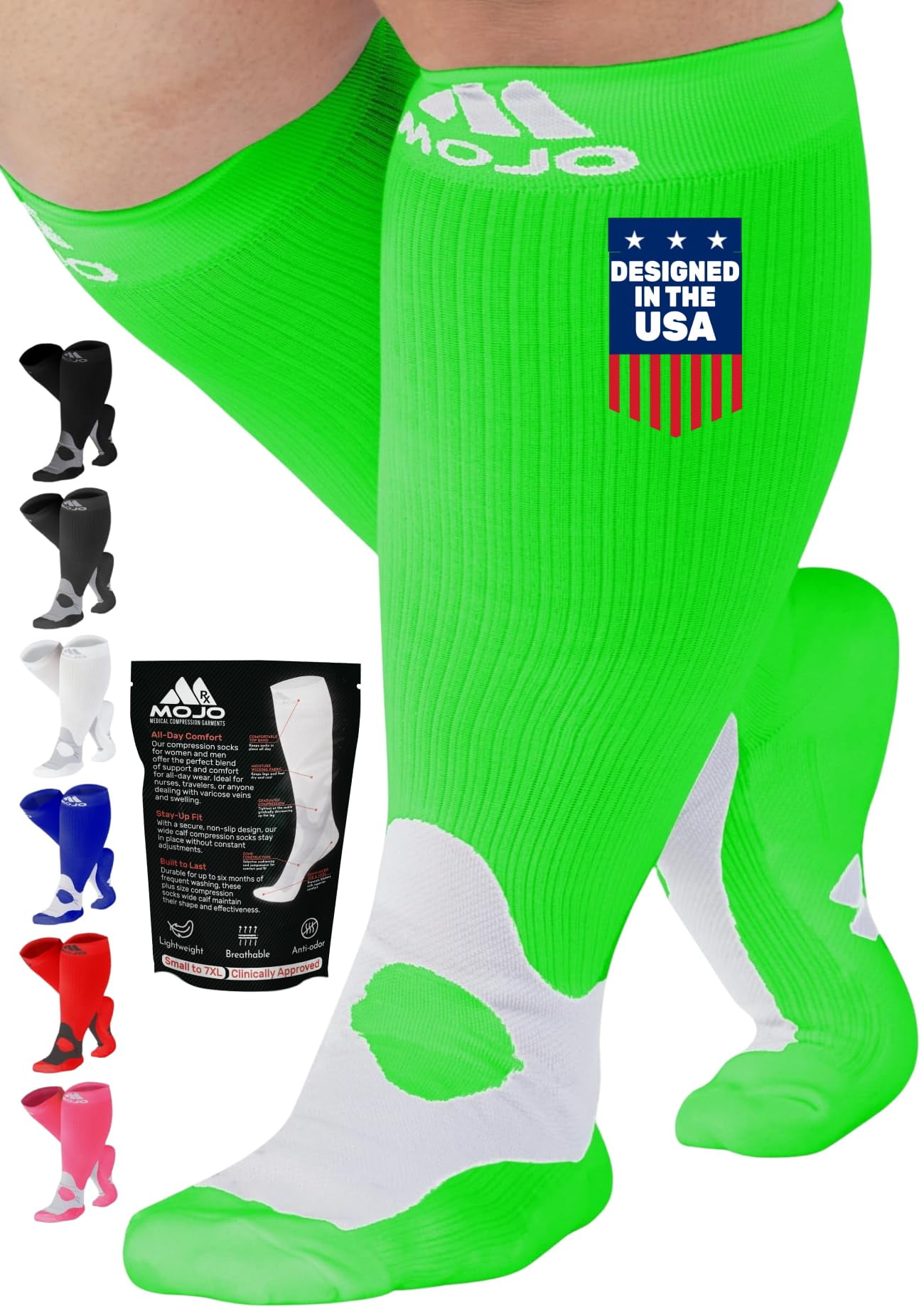 Mojo Compression Socks Unisex 20-30mmHg Graduated Support - Neon Green ...