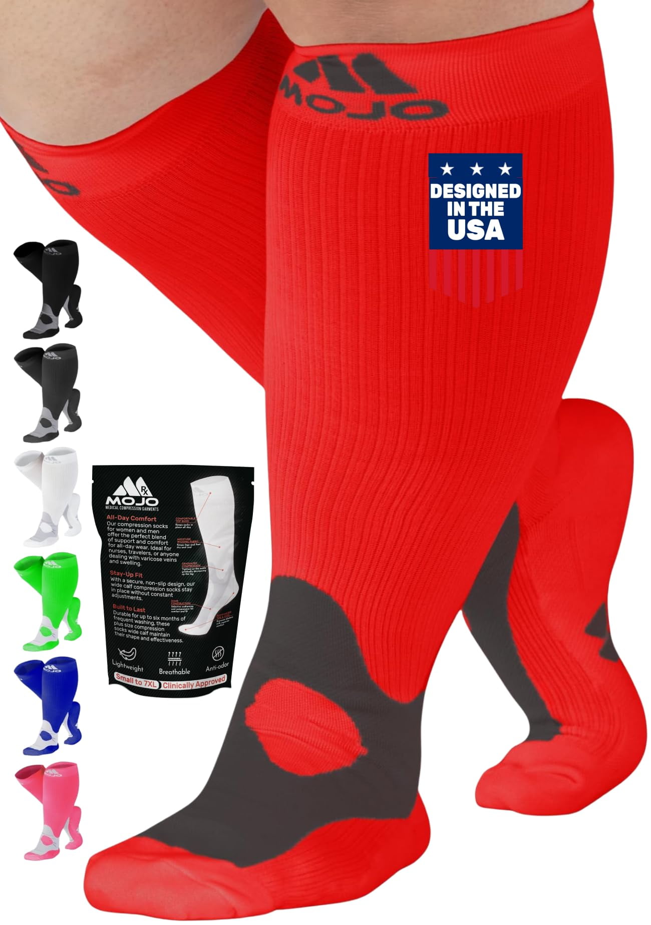 Mojo Compression Socks Unisex 20-30mmHg Medical Knee High - Red, 3X ...