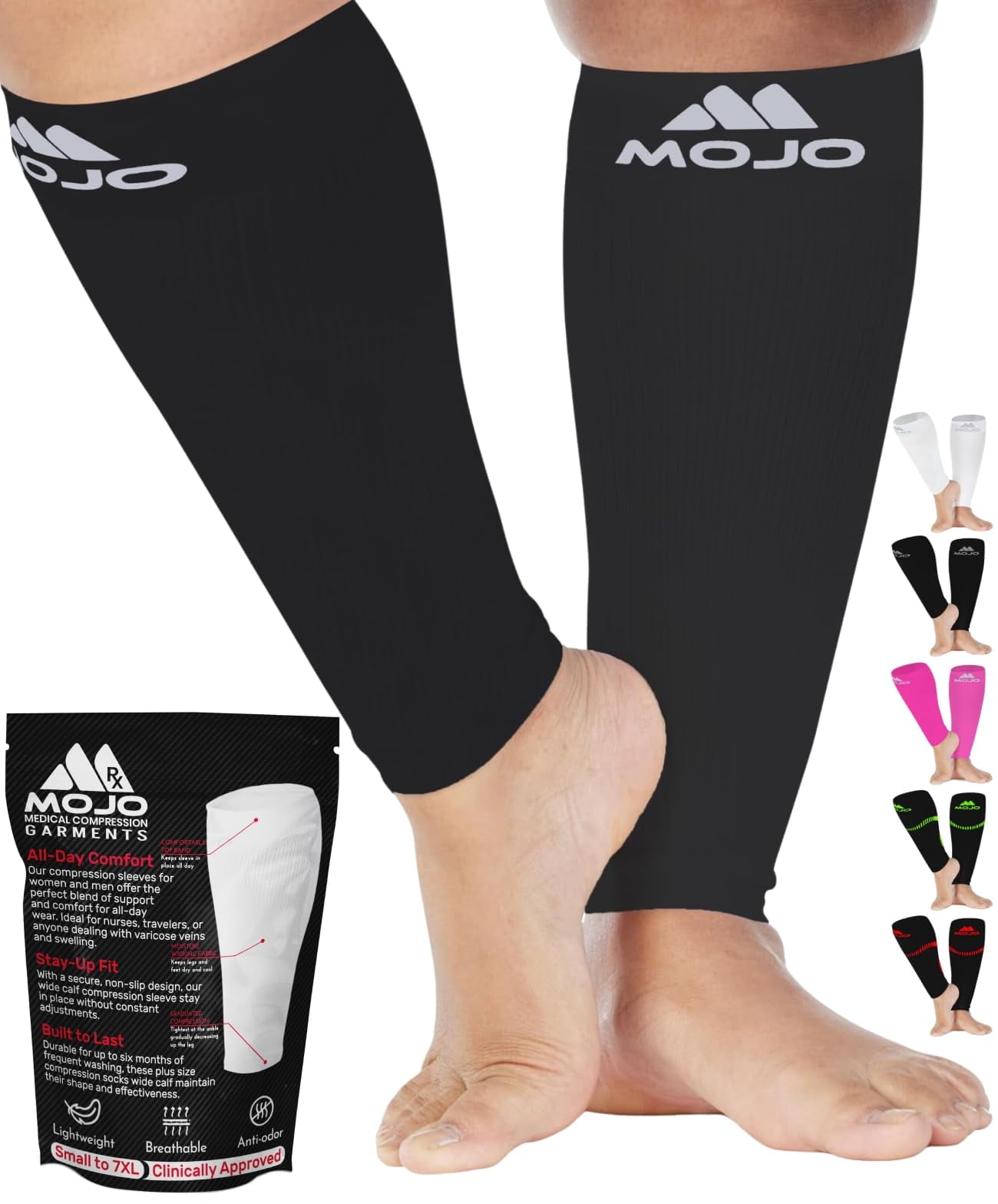 Mojo Compression Socks Unisex 20-30mmHg Wide Calf Sleeves - Grey, 2X ...