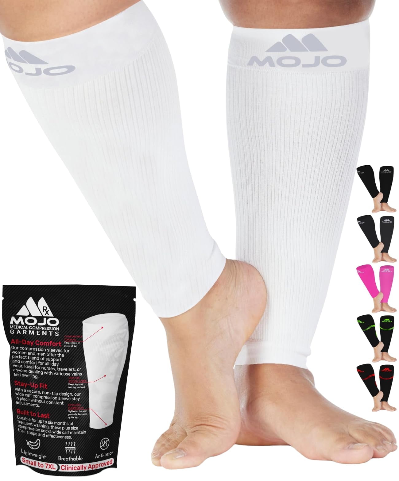 Mojo Graduated Compression Calf Sleeves 20-30mmHg for Recovery, White ...
