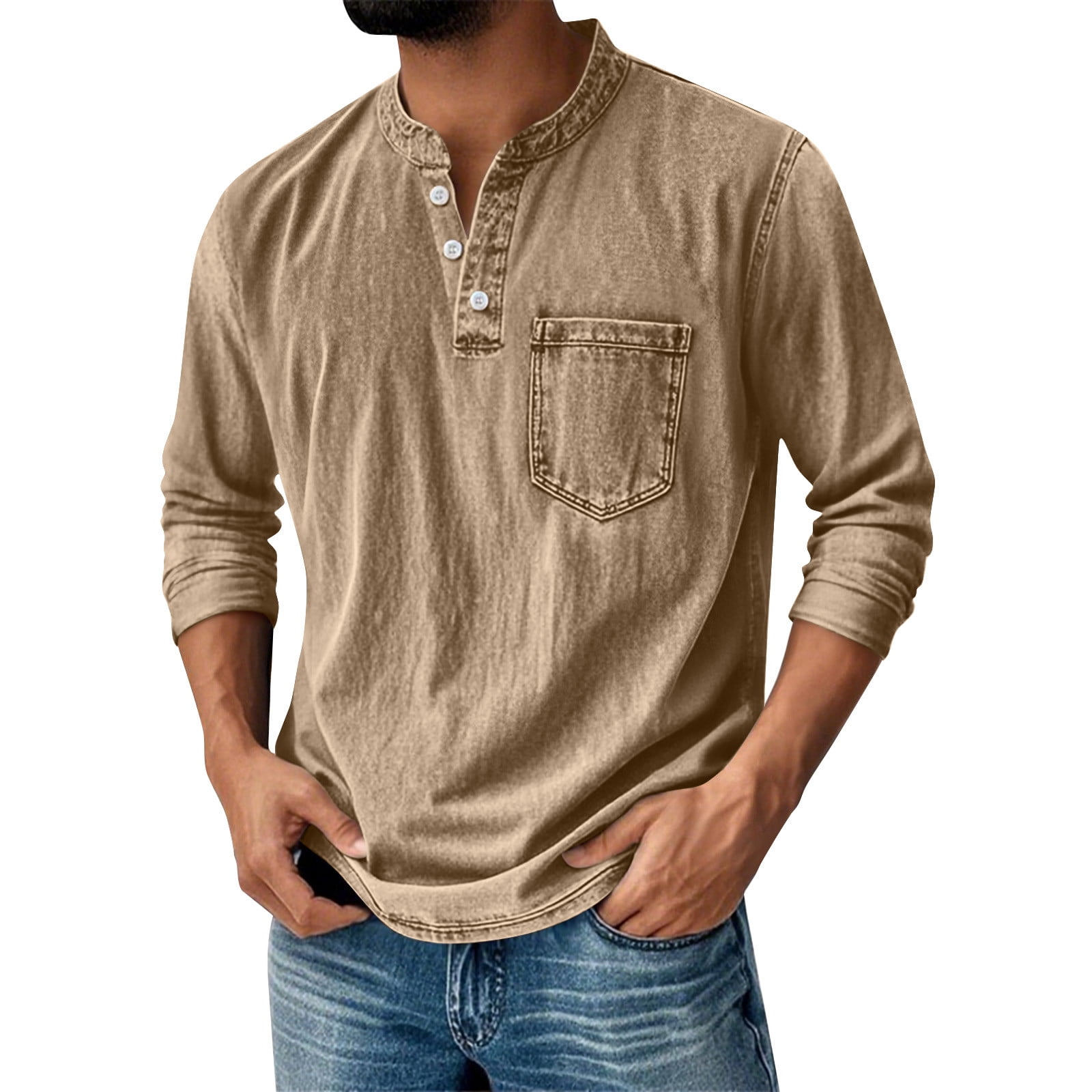 Mokaloha Mens Long Sleeve Henley Shirt, Men's Retro Washed Denim Stand Collar Pocket Casual ...