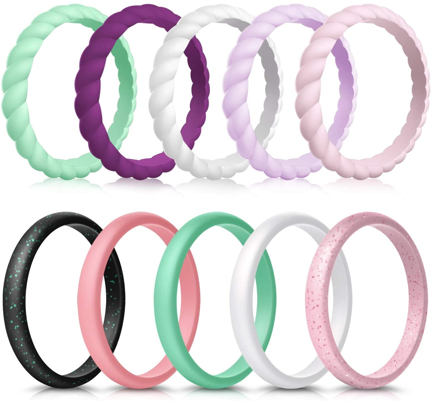 Mokani 10-Pack Silicone Wedding Rings for Women, Thin, Braided, Size 5 ...