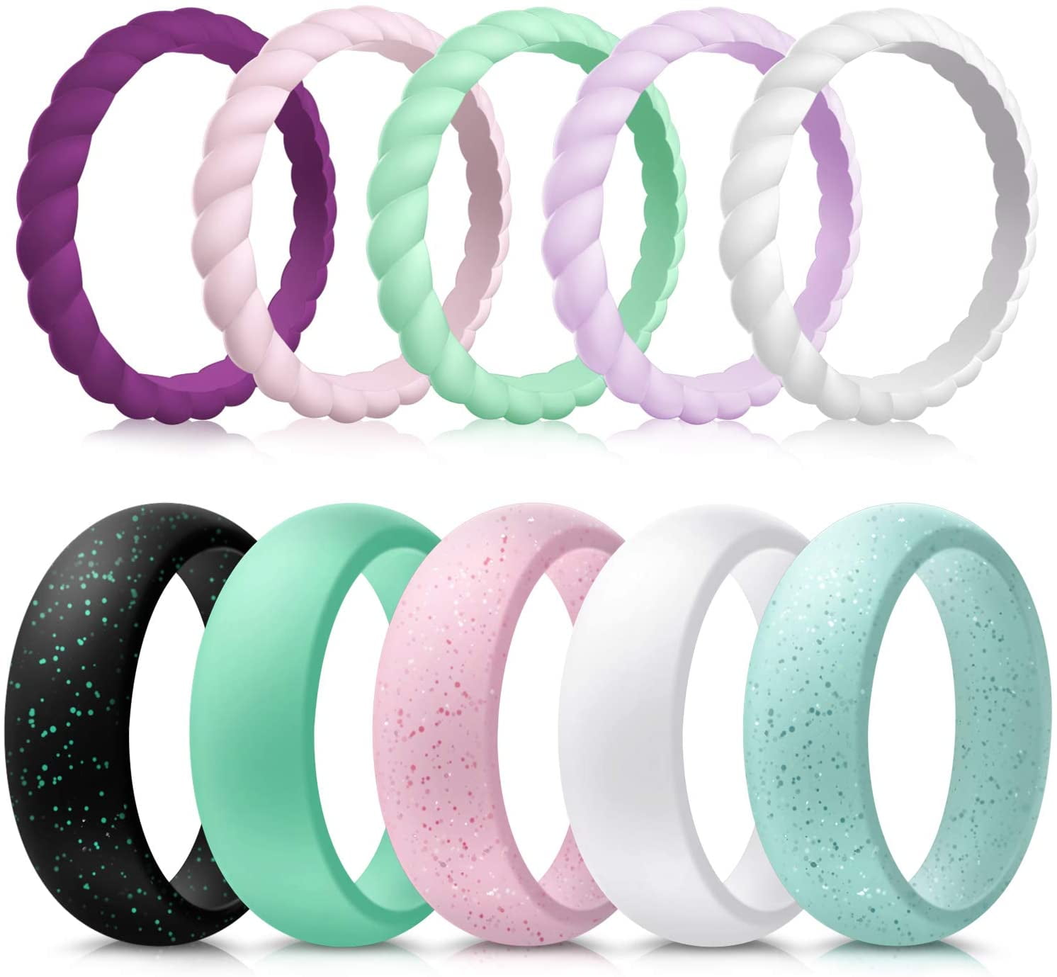 Mokani Silicone Wedding Ring for Women, 10-Pack Thin and Braided Rubber ...