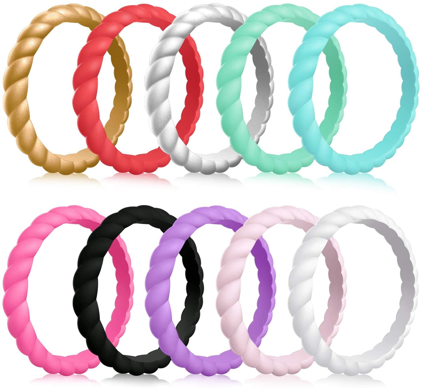Mokani Silicone Wedding Ring for Women, 10-Pack Thin and Braided Rubber ...