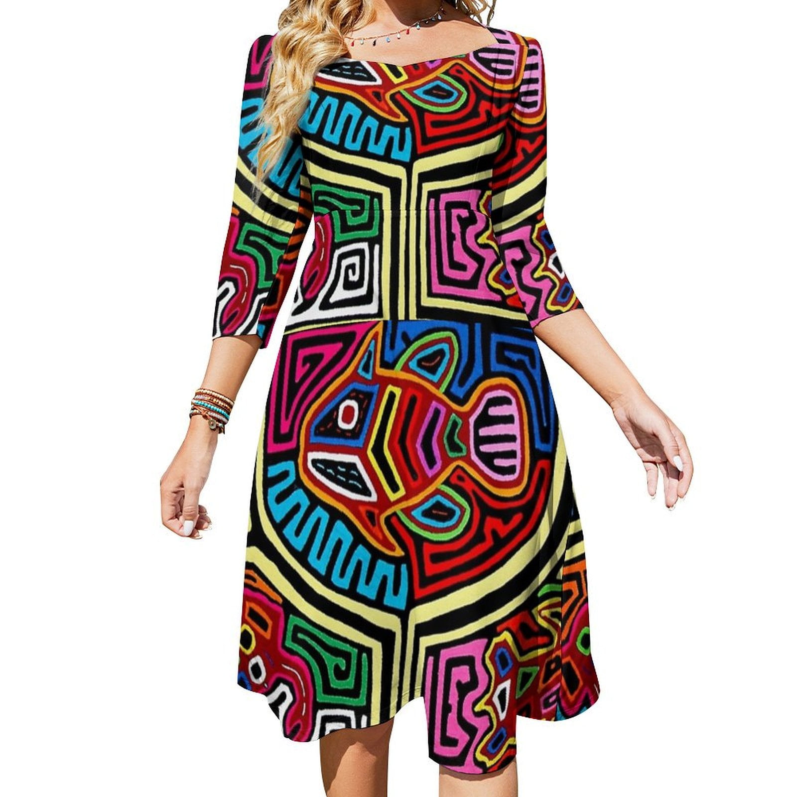 Mola De Panama Fish Sweetheart Knot Flared Dress Fashion Design Large ...