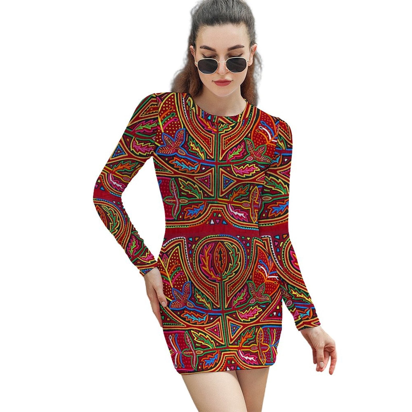 Mola De Panama Flower Women's Long Sleeve Bodycon Dress Soft Stretchy ...