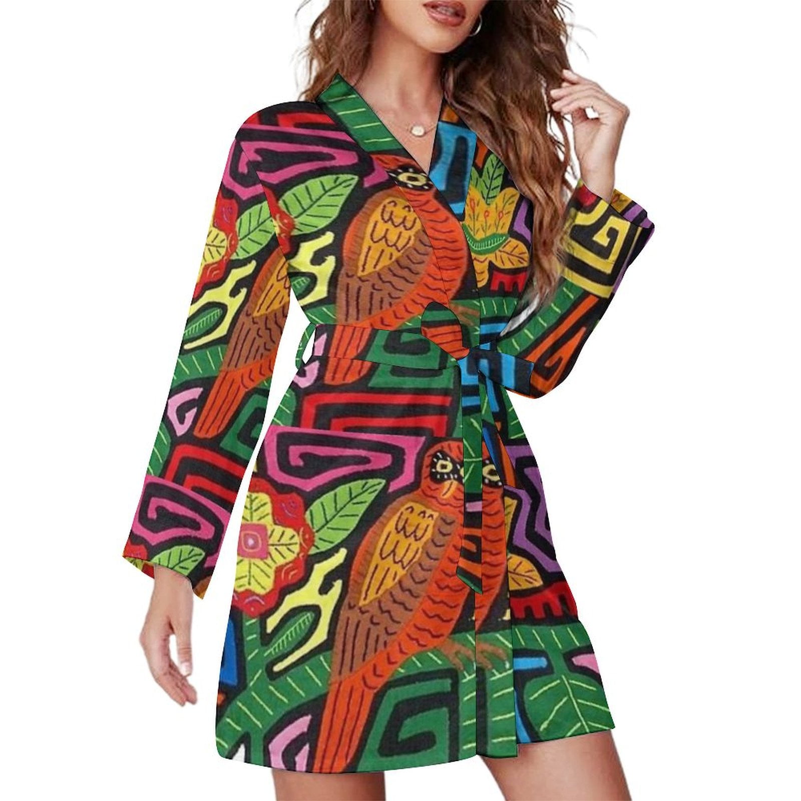 Mola De Panama Mounted Night Robe Long Sleeve V Neck Robe With Belt ...