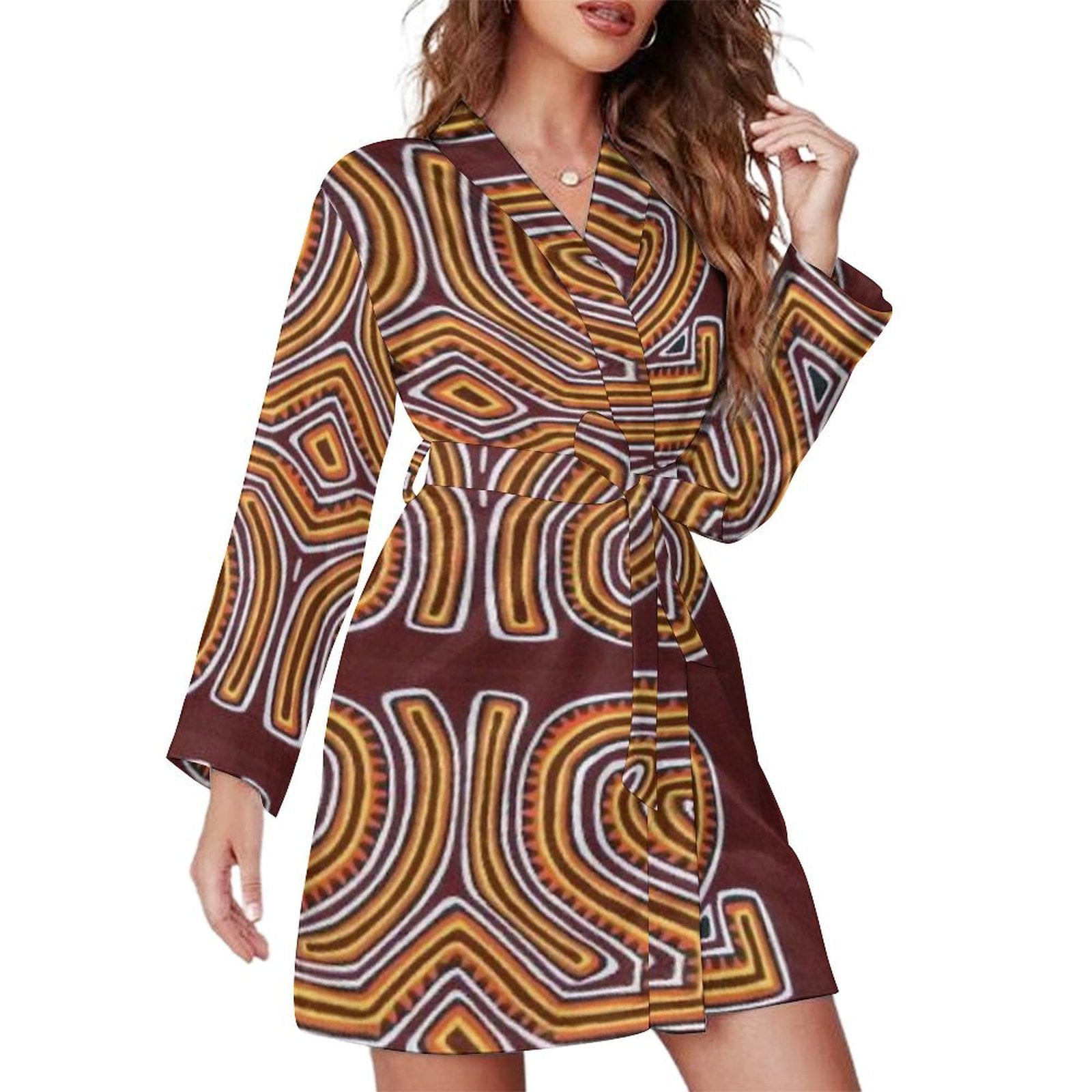 Mola De Panama Night Robe Long Sleeve V Neck Robe With Belt Women's ...