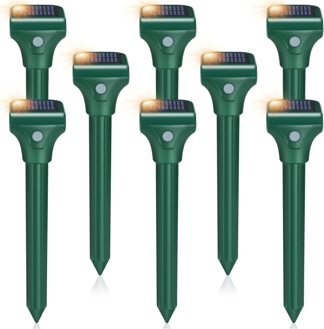 Mole Repellent Solar Powered 8 Pack,IPX7 Waterproof Ultrasonic Gopher ...