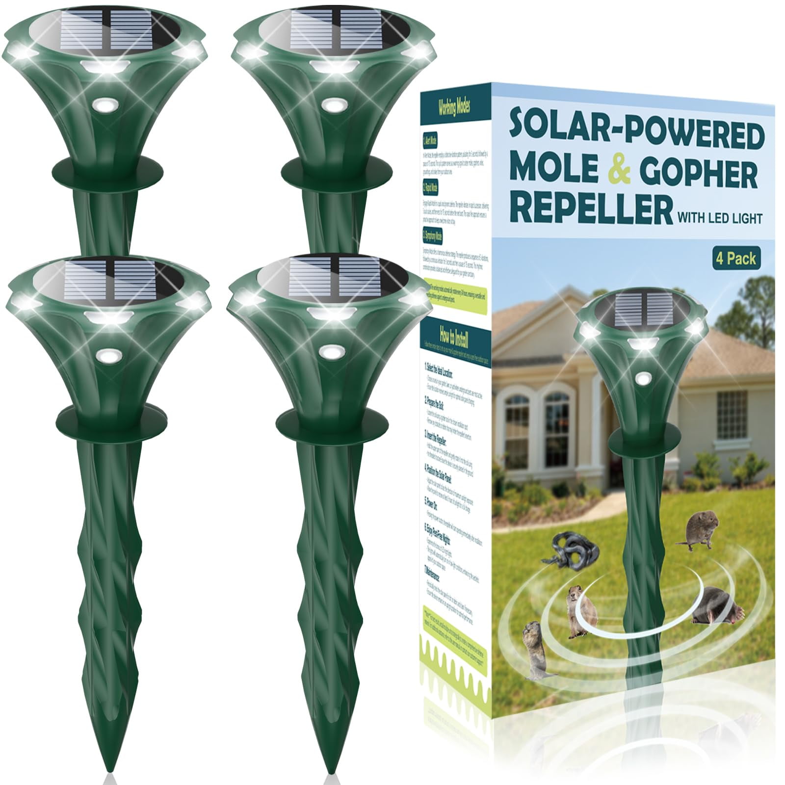 Mole Repellent Solar Powered Pack of 4 Sonic Mole Deterrent Spikes ...