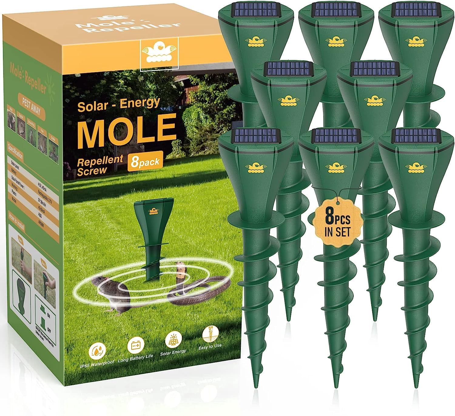 Mole Repellent Solar Powered, Patent Screw-Shape-Stake Design, IP65 ...