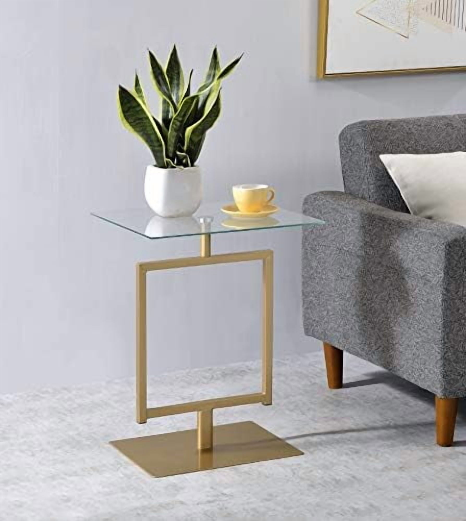 Molein Side Table, Gold Metal Base with Tempered Glass Top, Modern ...