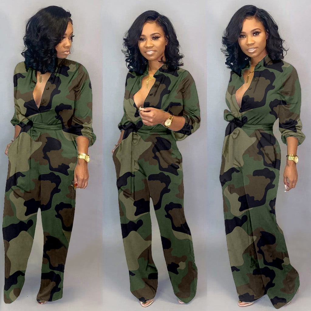 Molidfa Camouflage Womens Jumpsuits Casual Pocket Long Sleeve Wide Leg ...