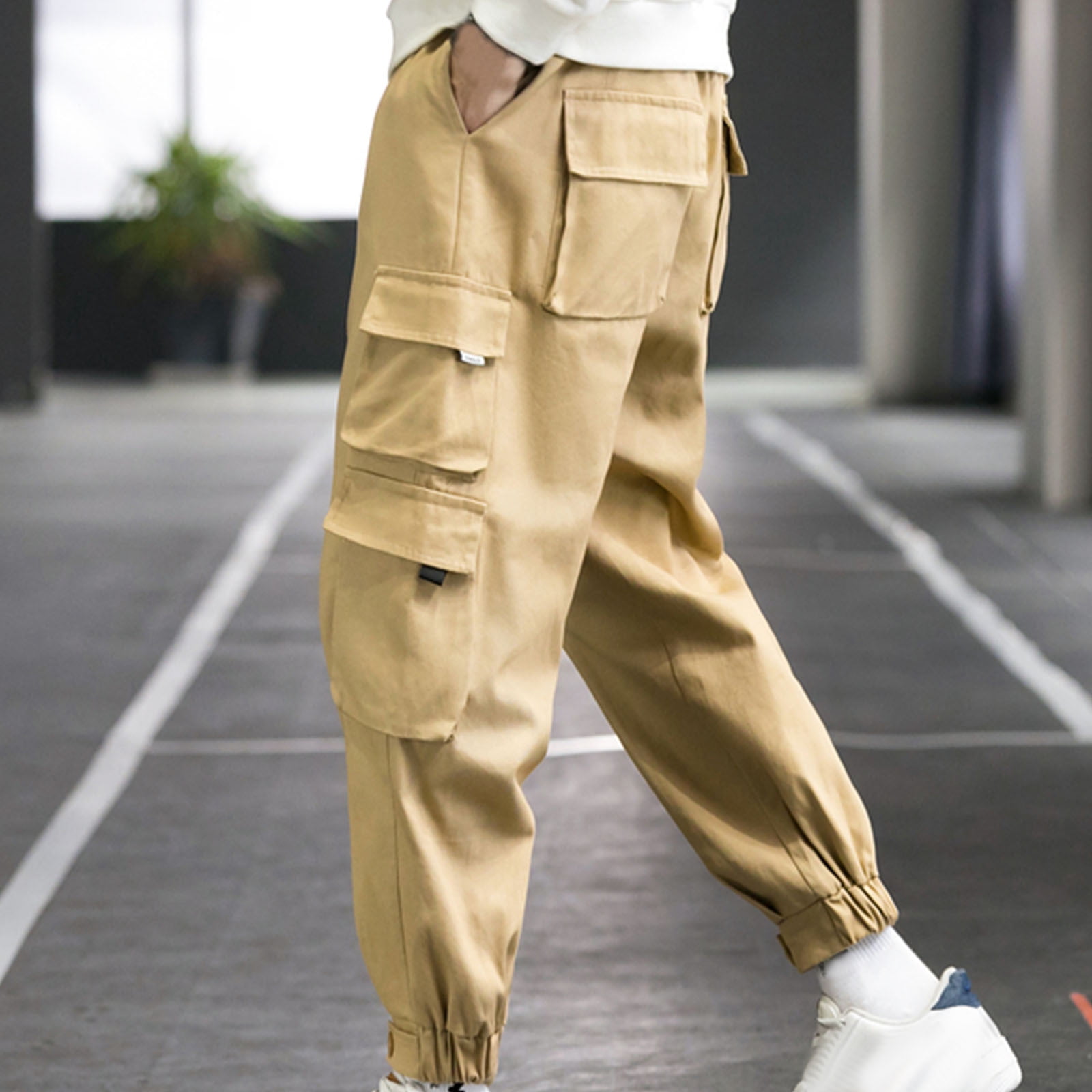 Molidfa Pants Men Big And Tall Cargo Yellow Relaxed Fit Solid Cotton ...