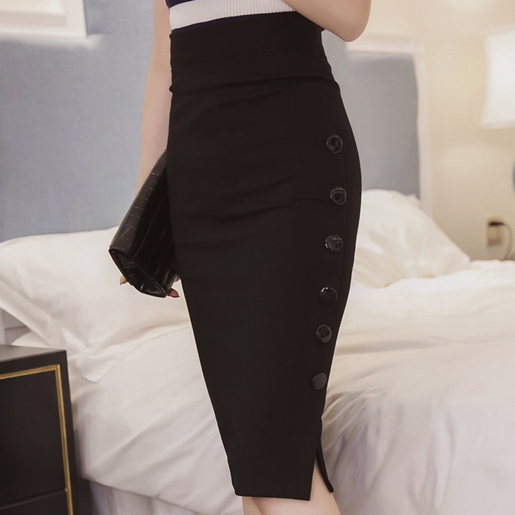 Molidfa Womens Skirts Plus Size High Waist Midi Skirt Slit Black Button Plain Pencil Skirt For