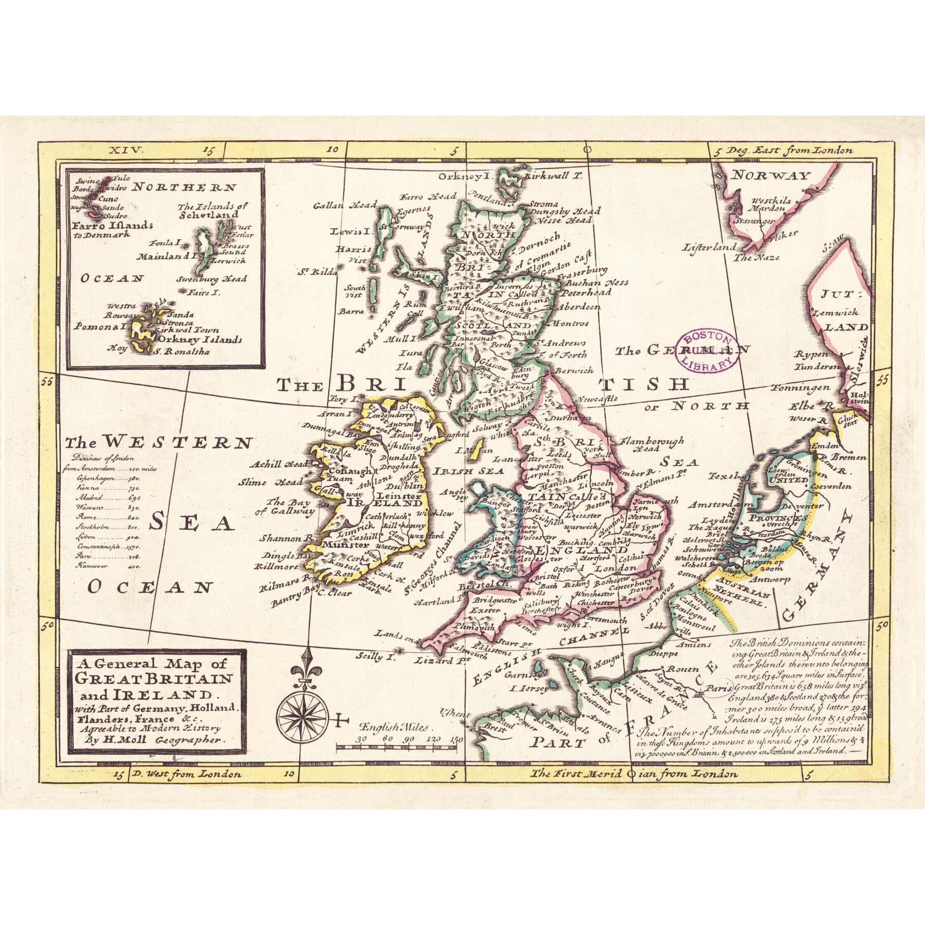 Moll 1732 General Map Great Britain Ireland France Extra Large XL Wall ...