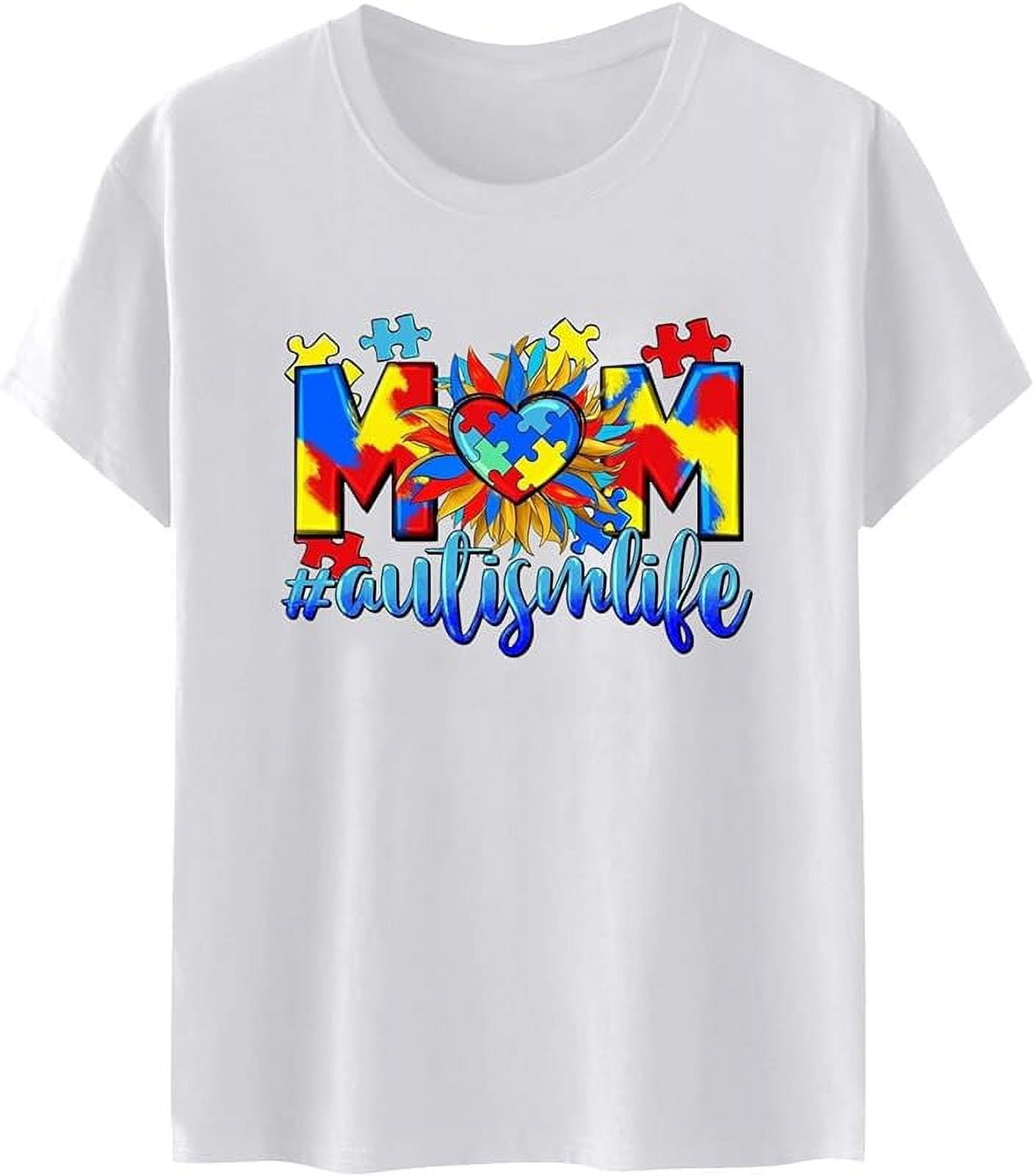 Mom Autismlife Letter Shirts Women's Cute Puzzle Love Heart Graphic Tee ...
