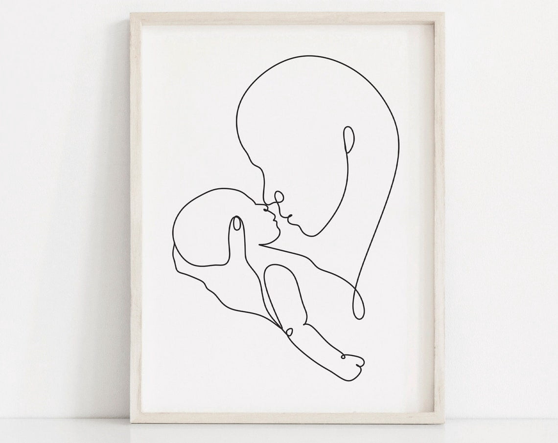 Mom And Baby Line Art, Mother And Child Wall Art, Newborn Line Drawing ...