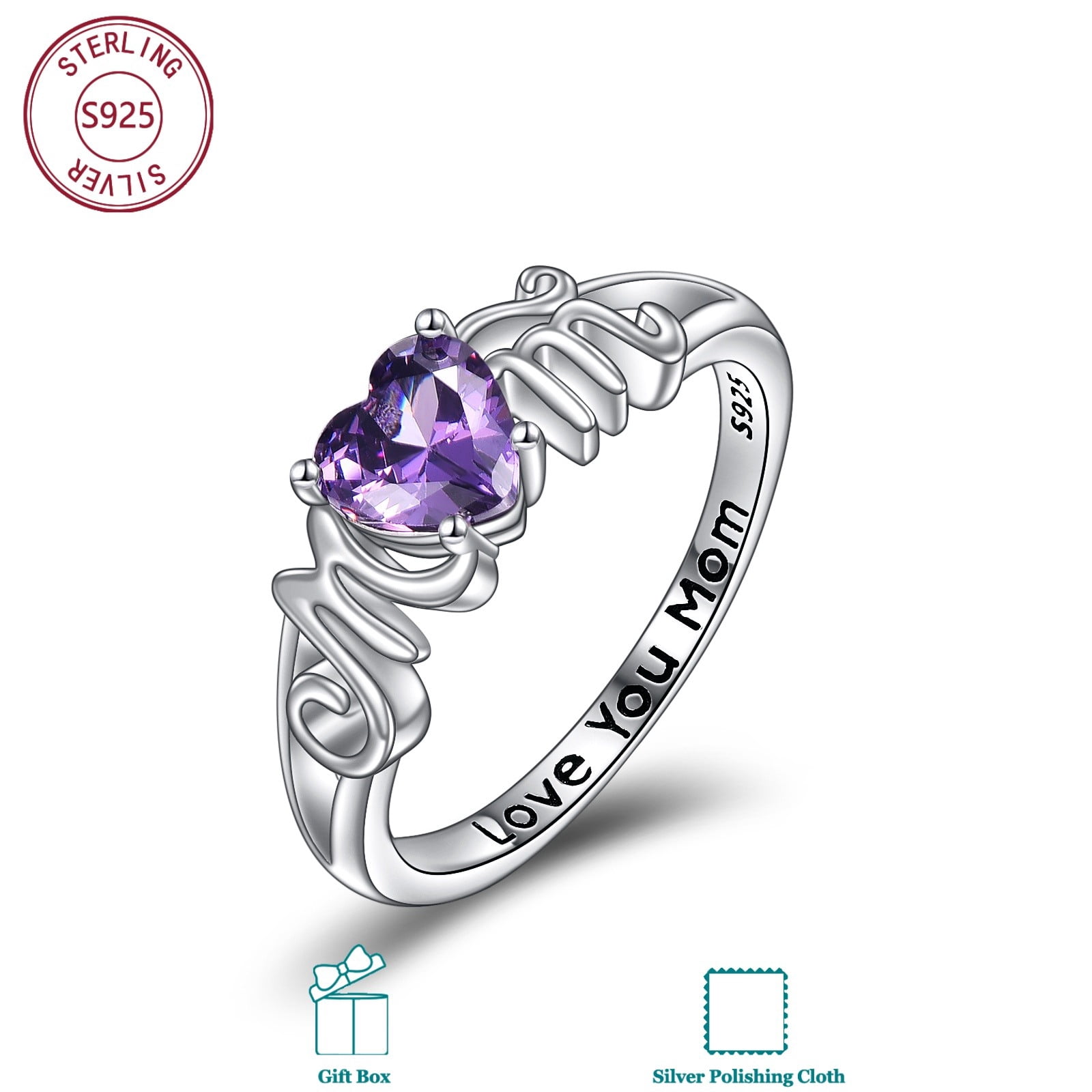 Mom Rings 925 Sterling Silver Heart amethyst Rings Women Jewelry Gifts ...