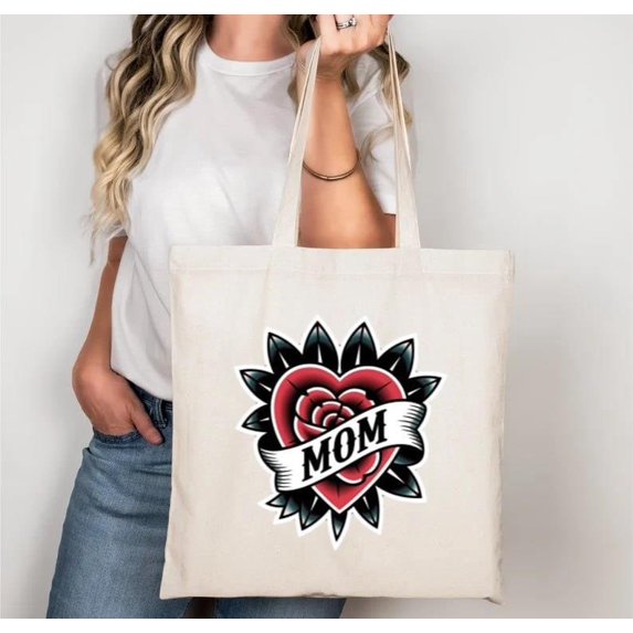 Mom Rose Tattoo Tote Bag Heart and Banner Graphic for Cool Mothers, a ...