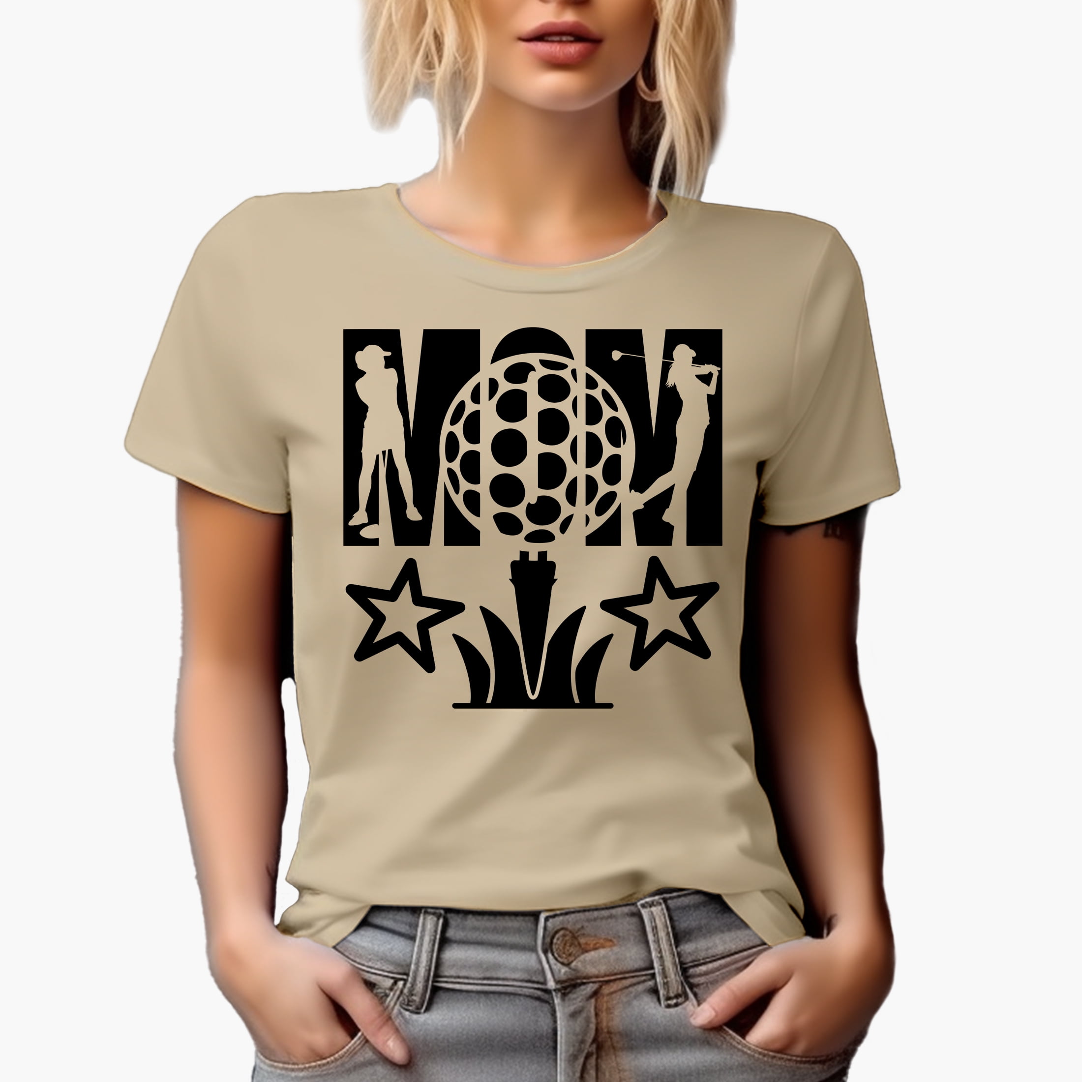 Mom Word with a Ball on a Tee & Swinging Woman Golf Player, Golfing or ...