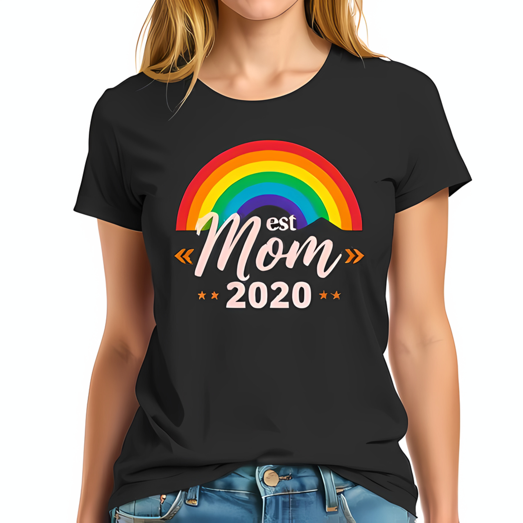 Mom est 2020 Black Cotton Short Sleeve T-Shirt with Rainbow & Stars ...