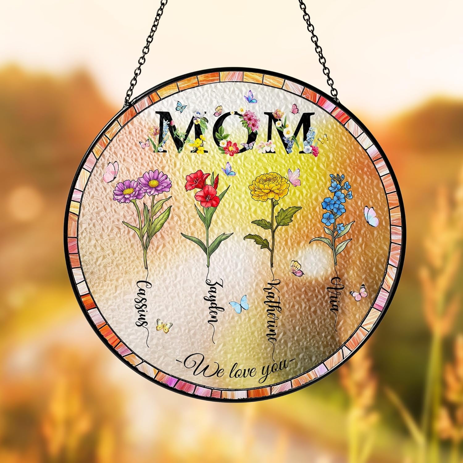 Mom's Garden Stained Glass Suncatcher â€“ Birth Month Flowers with Name ...
