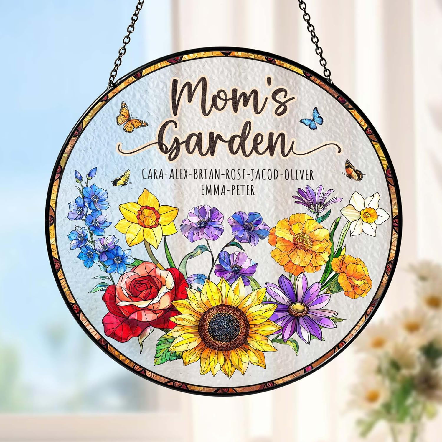 Mom's Garden Stained Glass Suncatcher â€“ Birth Month Flowers with Name ...