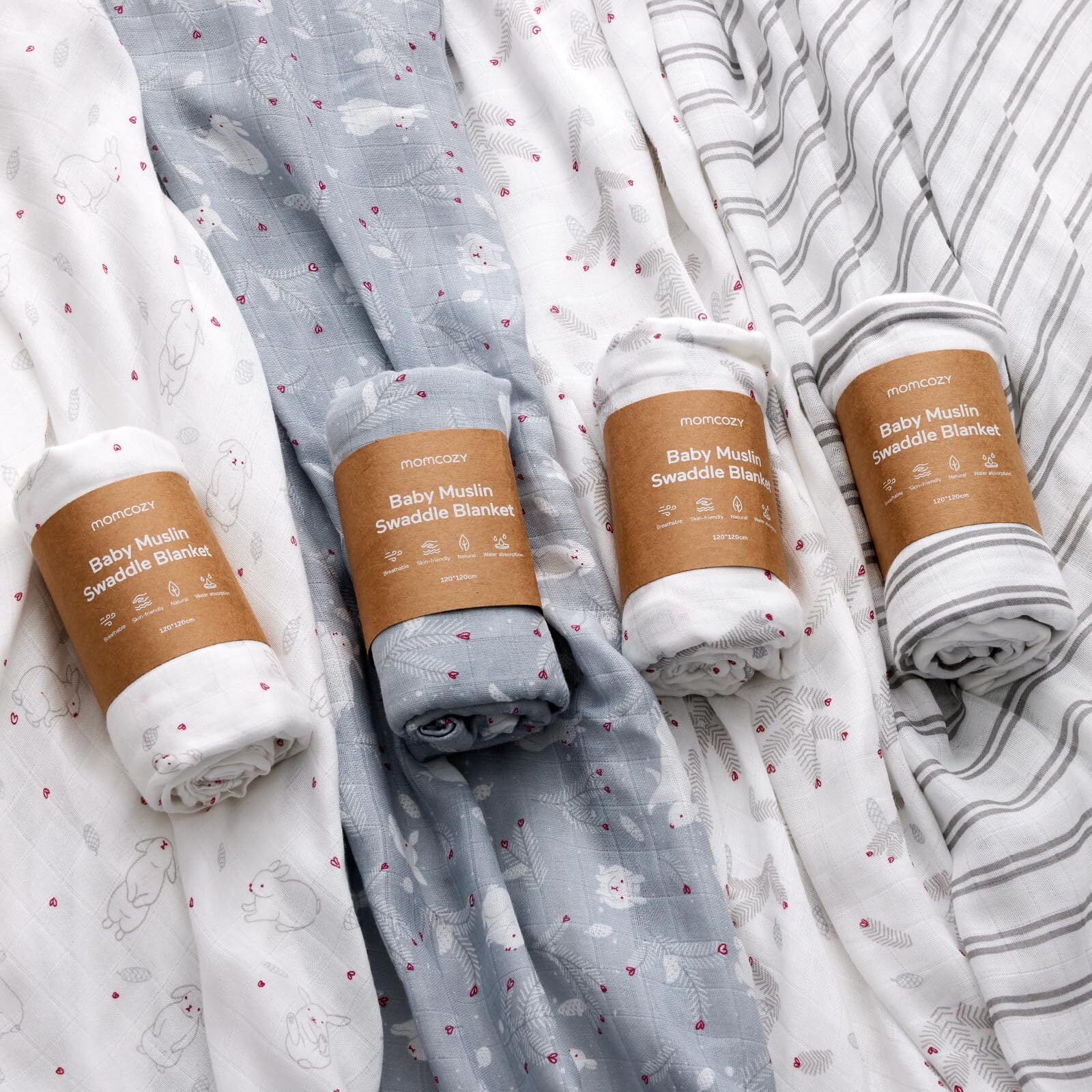 Momcozy Muslin Swaddle Blankets, 4 Pack, Breathable 2-Layer Gauze Large ...