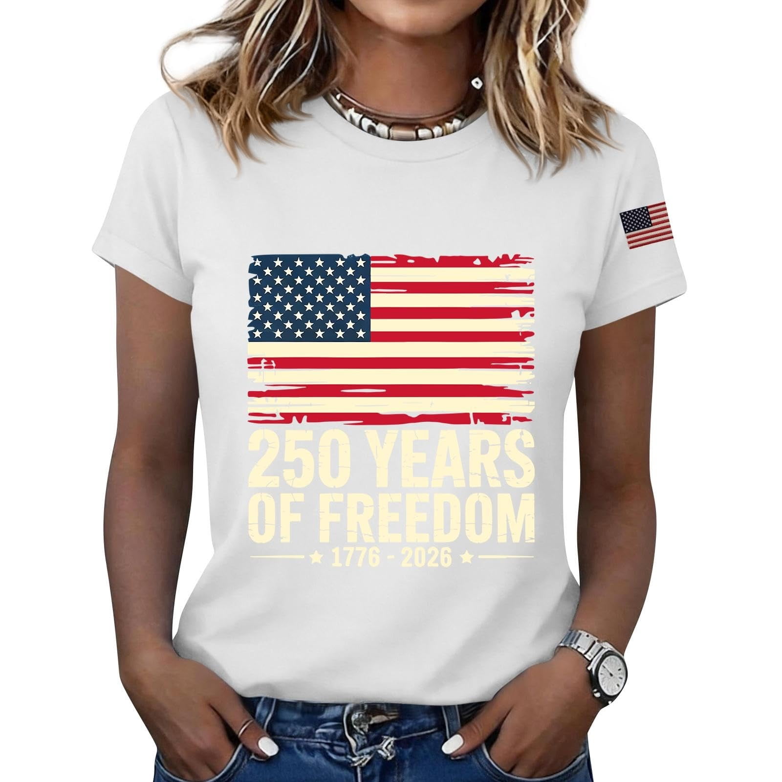 Only Moment Womens 4th of July T-Shirt USA Flag Graphic Tee Crew Neck ...
