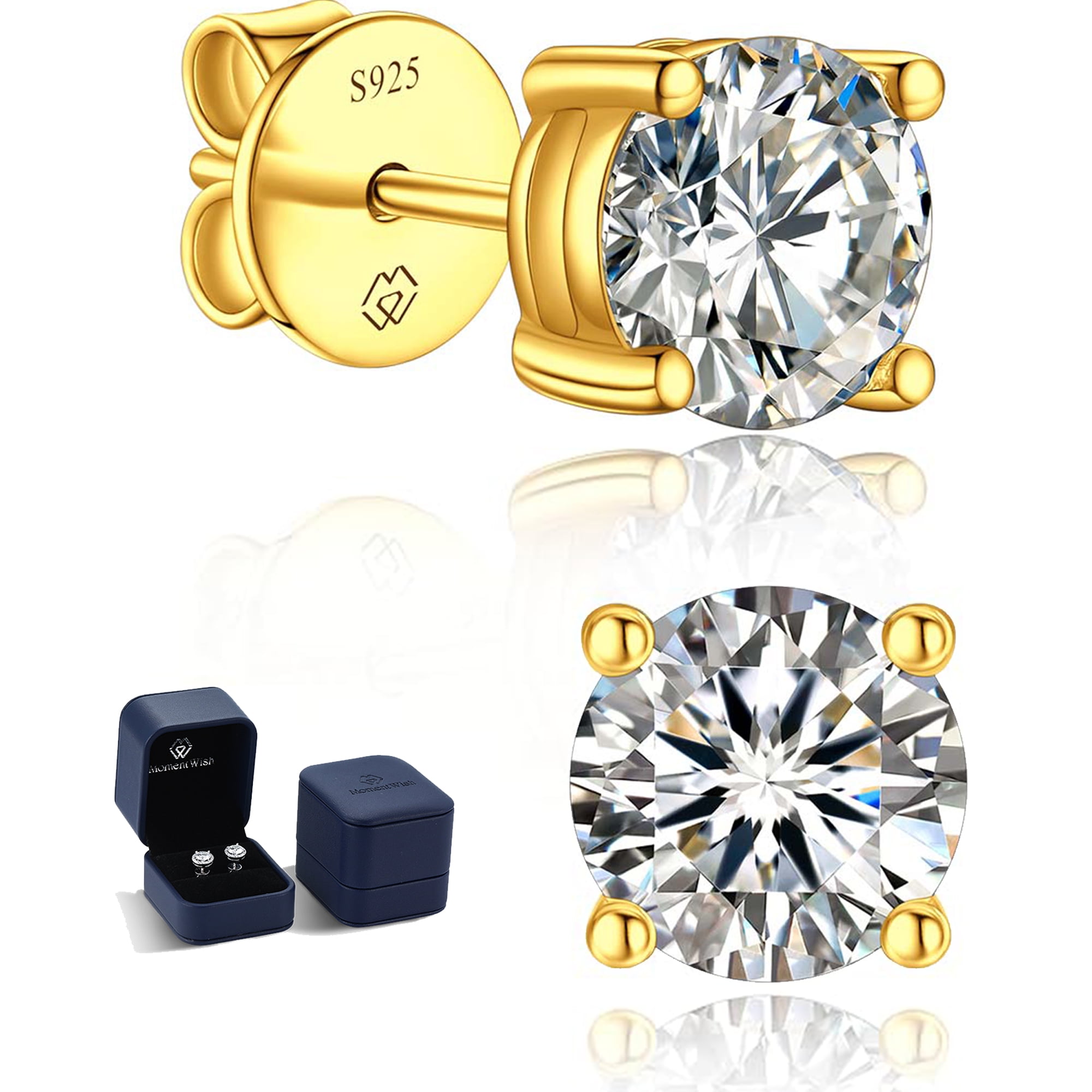 MomentWish 2 Carat D/VVS1 Round Cut Solitaire Studs in Solid 14k Yellow ...