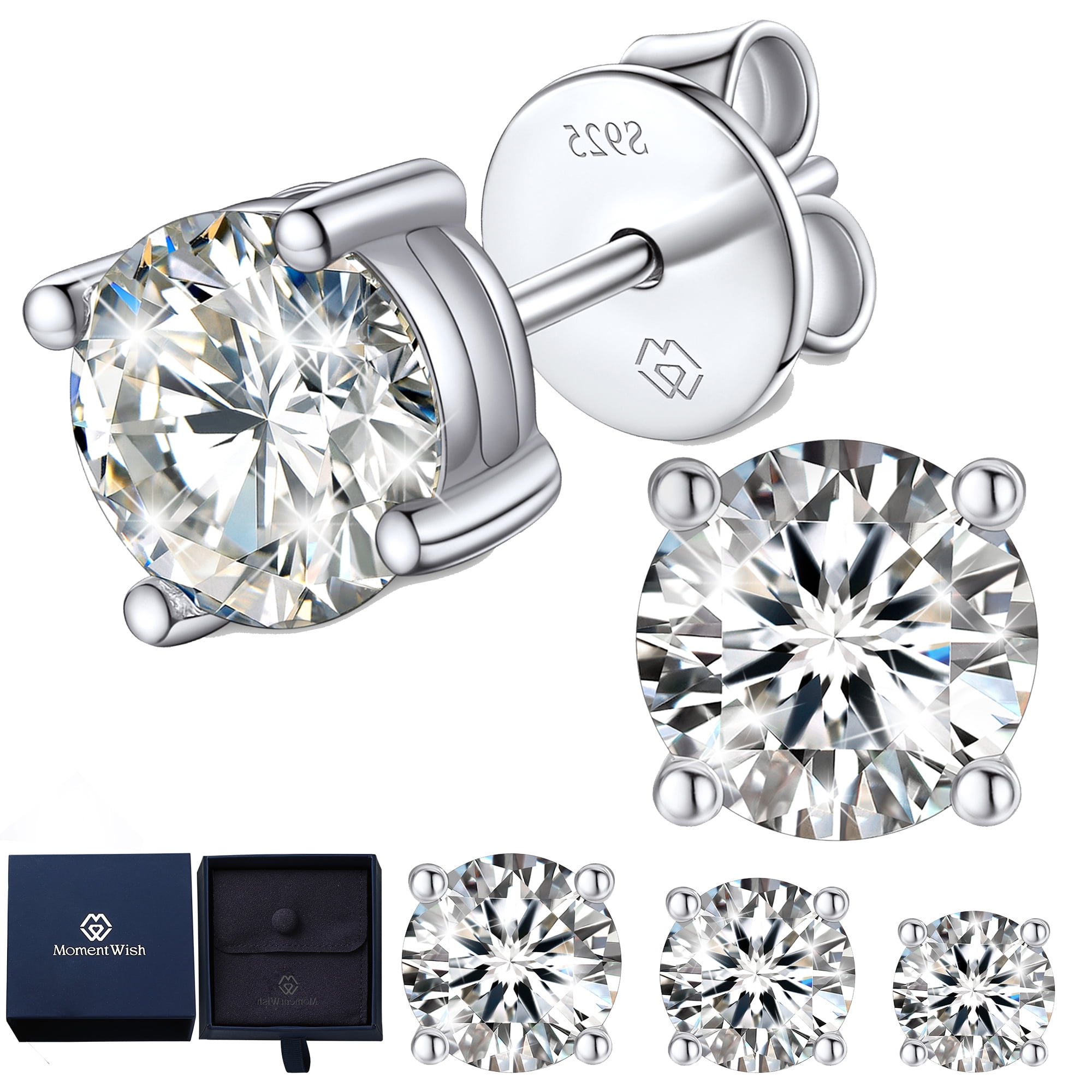 MomentWish 2 Carat Moissanite Stud Earrings, Round Cut, D Color VVS1 ...