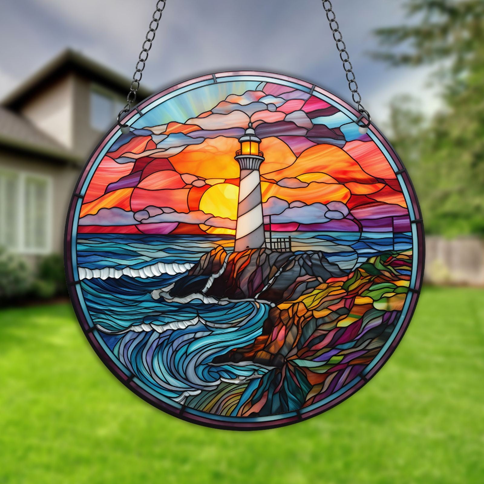 Momihoom Double-sided Painted Lighthouses Pendant Hanging SunCatcher ...