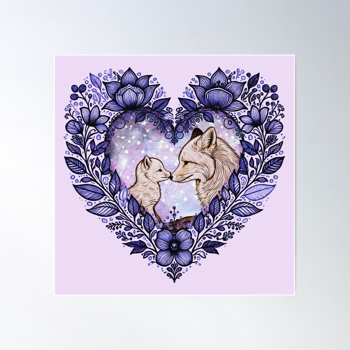 Momma Fox And Baby Fox In Floral Heart Frame Poster Wall Art, Modern ...