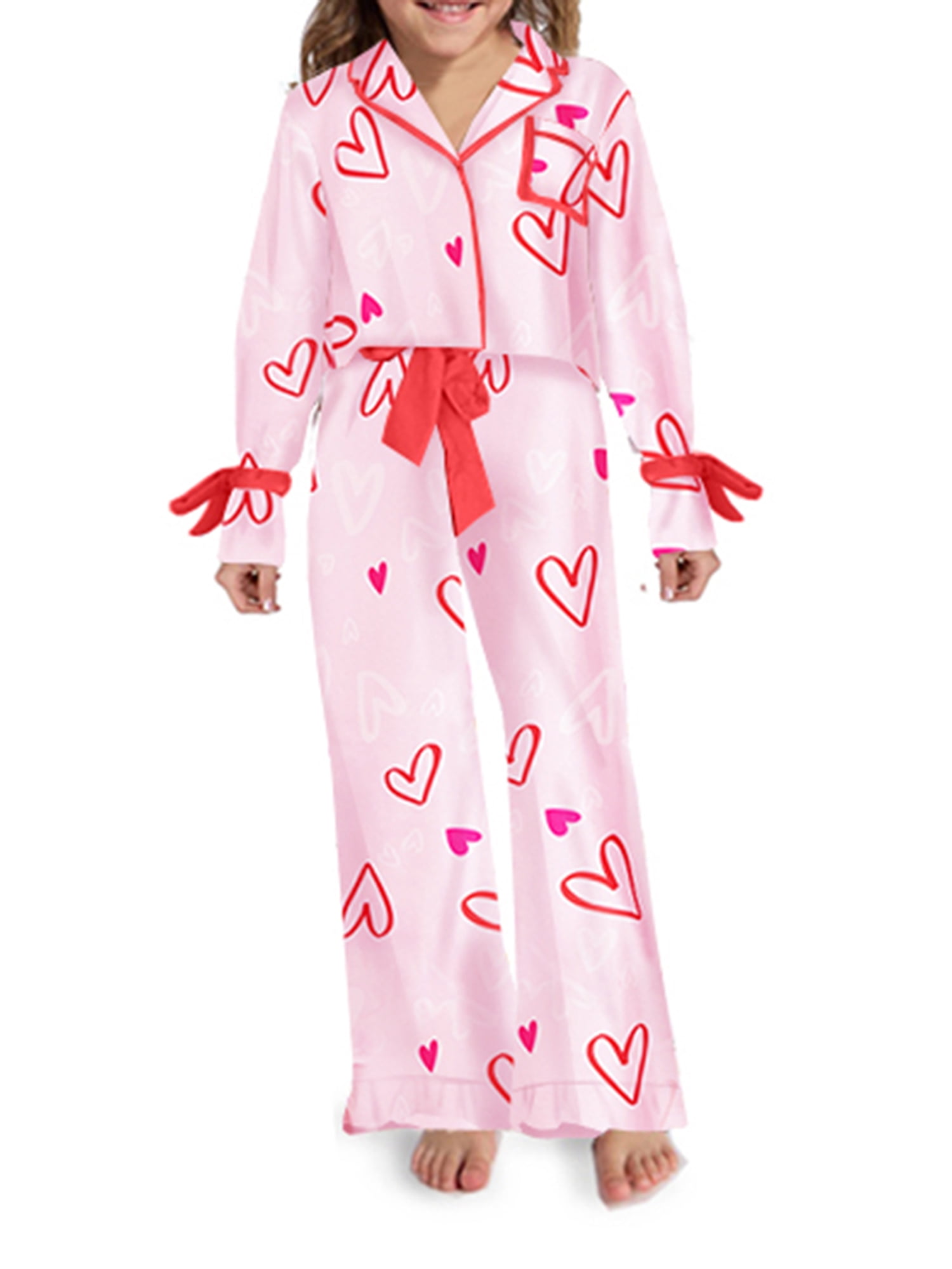 Mommy and Me Matching Pajama Set Heart Print Long Sleeve Button-up Crop Tops Tie-up Bow Ruffled ...