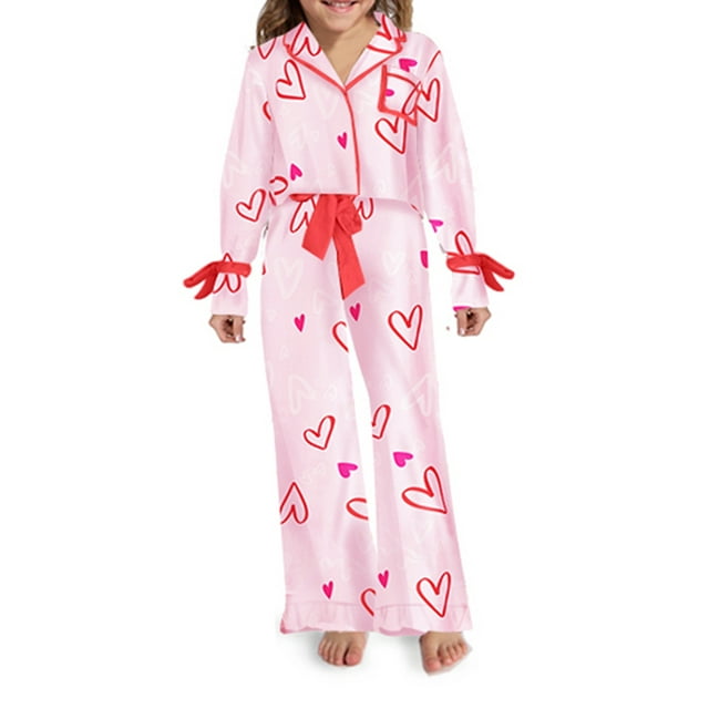 Mommy and Me Matching Pajama Set Heart Print Long Sleeve Button-up Crop Tops Tie-up Bow Ruffled ...