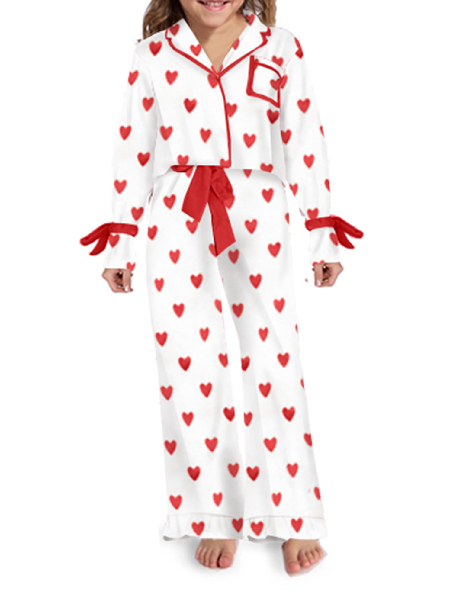 Mommy and Me Matching Pajama Set Heart Print Long Sleeve Button-up Crop Tops Tie-up Bow Ruffled ...