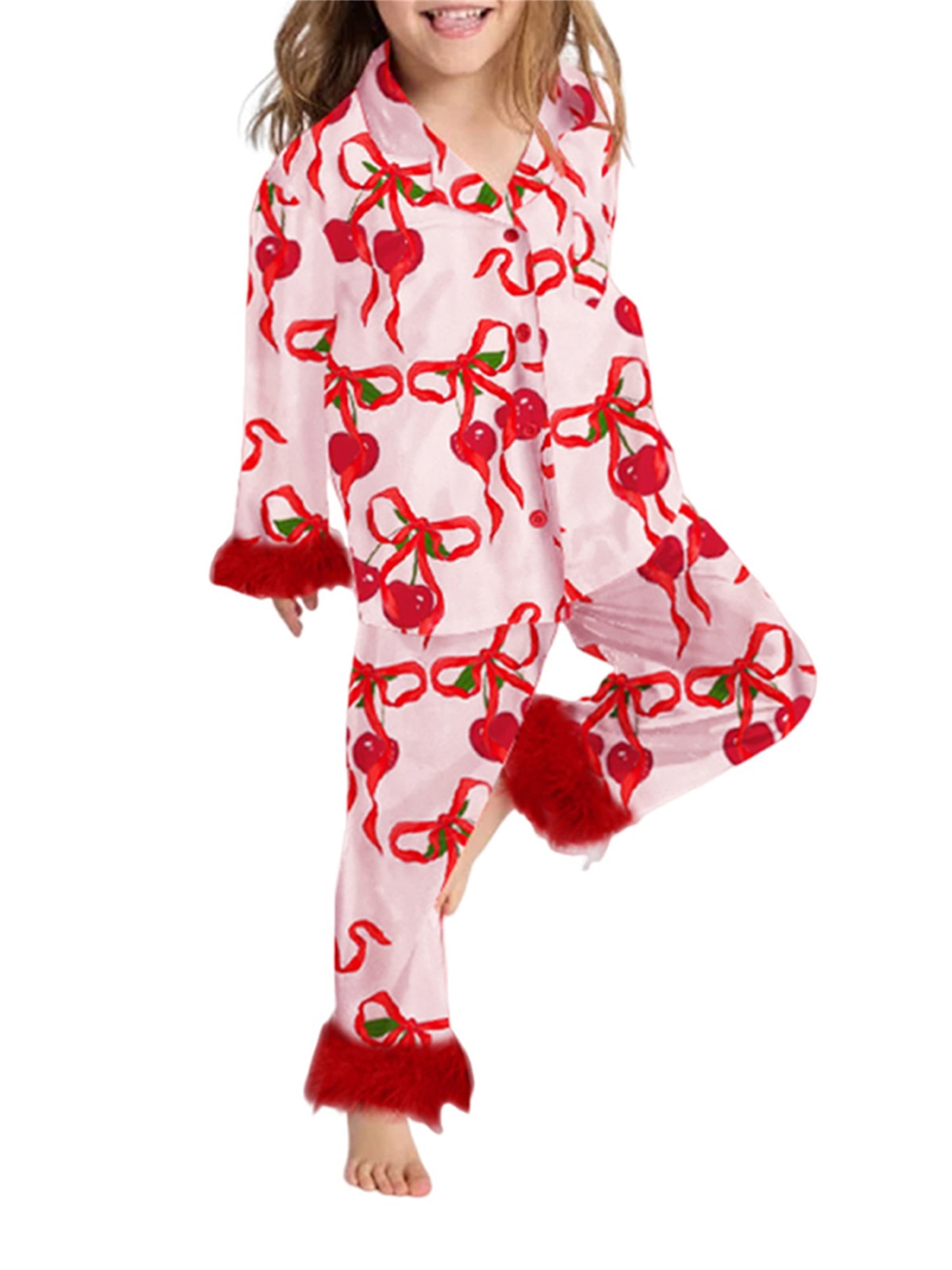 Mommy and Me Family Matching Pajamas Set Cherry Bow Print Long Sleeve ...