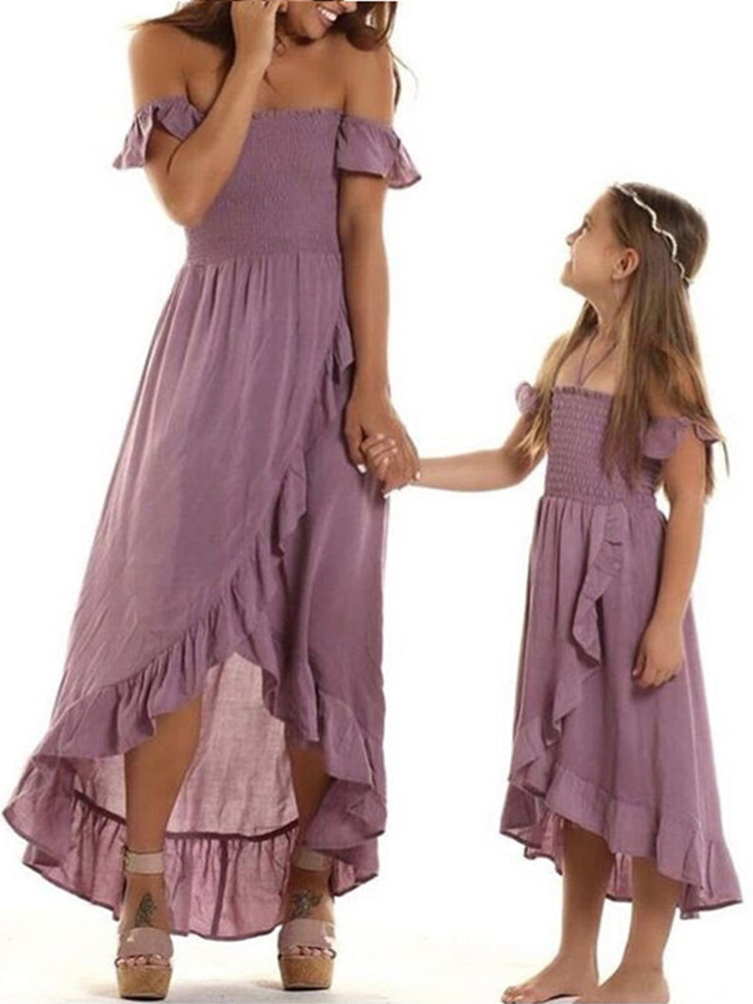 Mommy And Me Matching Maxi Dresses Off Shoulder Chiffon Ruffle Long