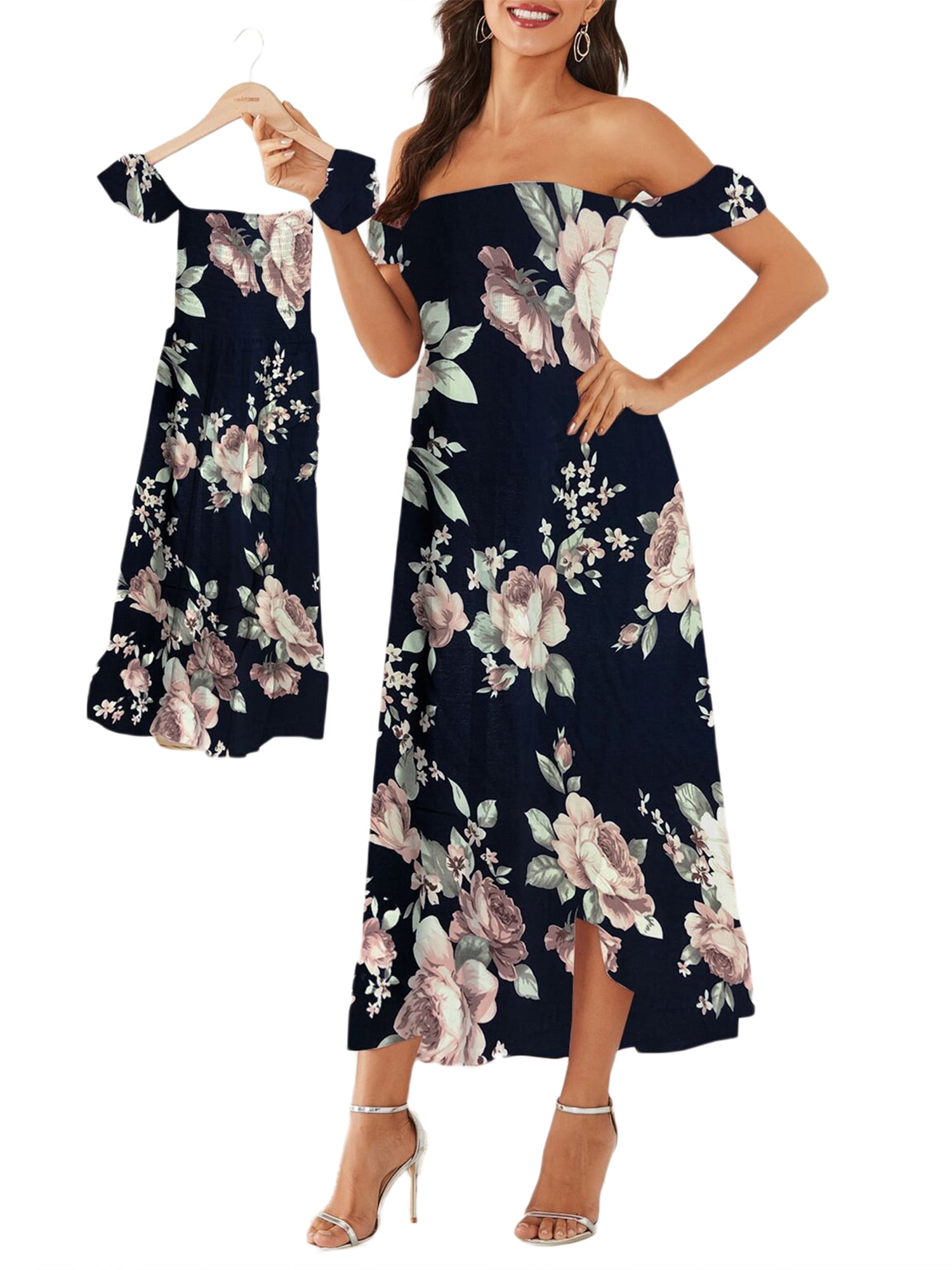 Mommy And Me Matching Maxi Dresses Off Shoulder Chiffon Ruffle Long