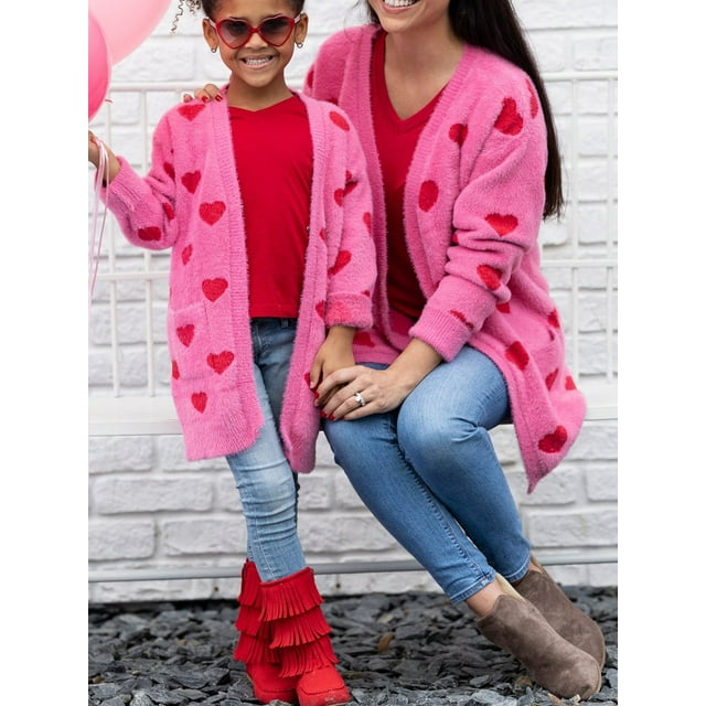 Mother Daughter Matching Love Heart Sweaters, Long Sleeve Open Front ...