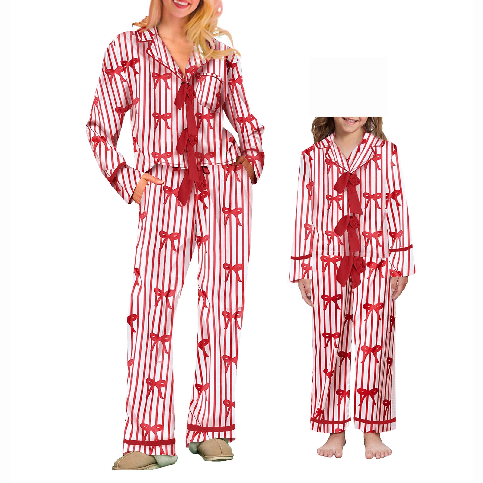 Mommy and Me Matching Pajamas, Bow/Heart Print Tie Front Long Sleeve ...