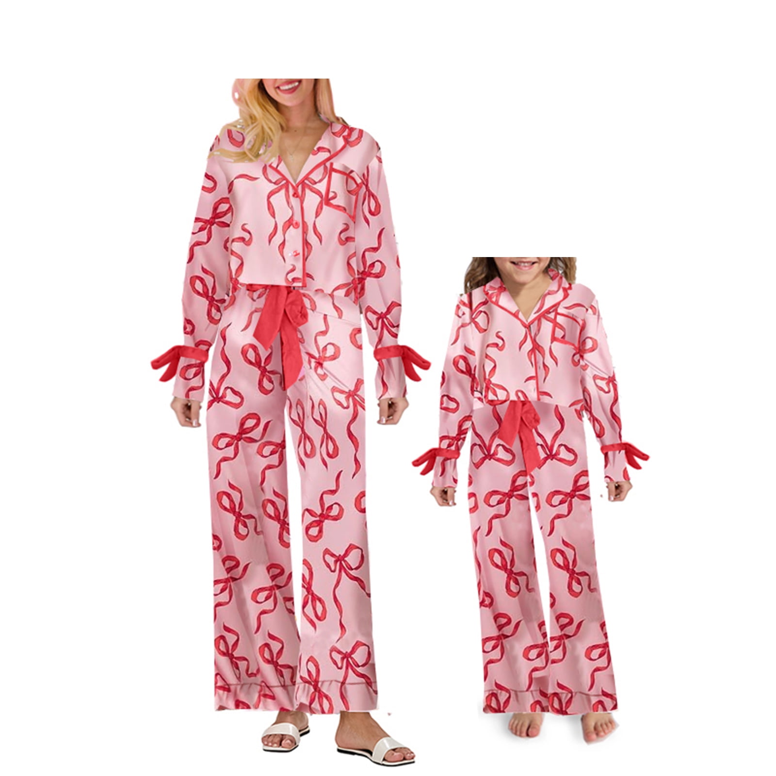Mommy and Me Matching Pajamas: Bow Print Lape Long Sleeve Button Down ...